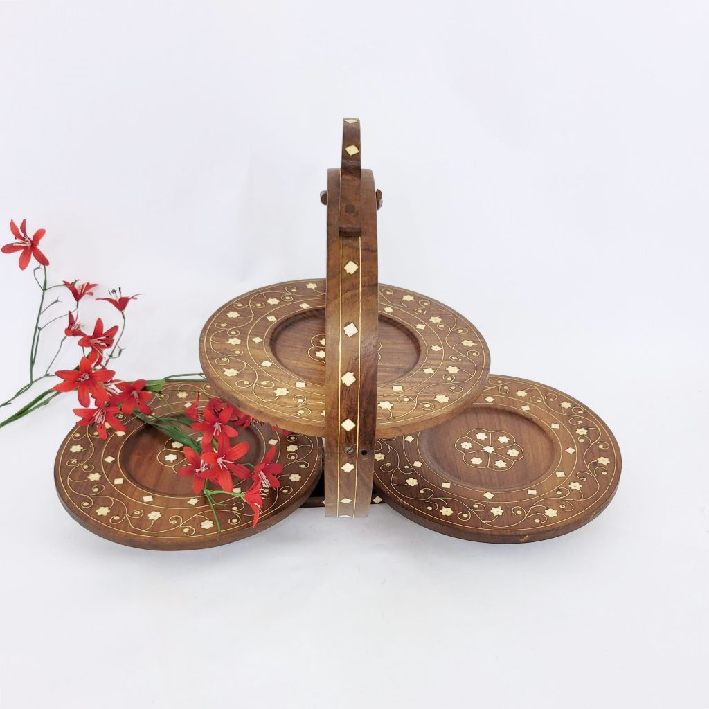 Vintage 3 Tier Inlaid Wood Folding Serving Tray